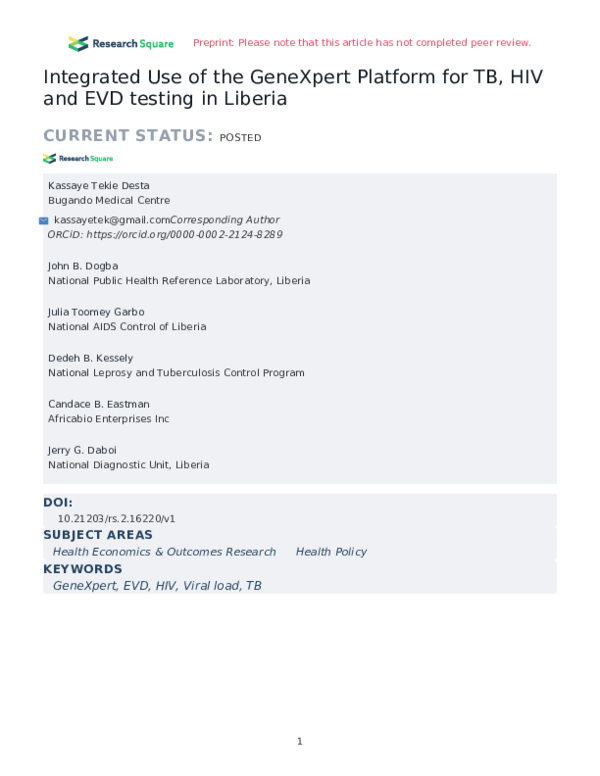 (PDF) Integrated Use of the GeneXpert Platform for TB, HIV and EVD ...