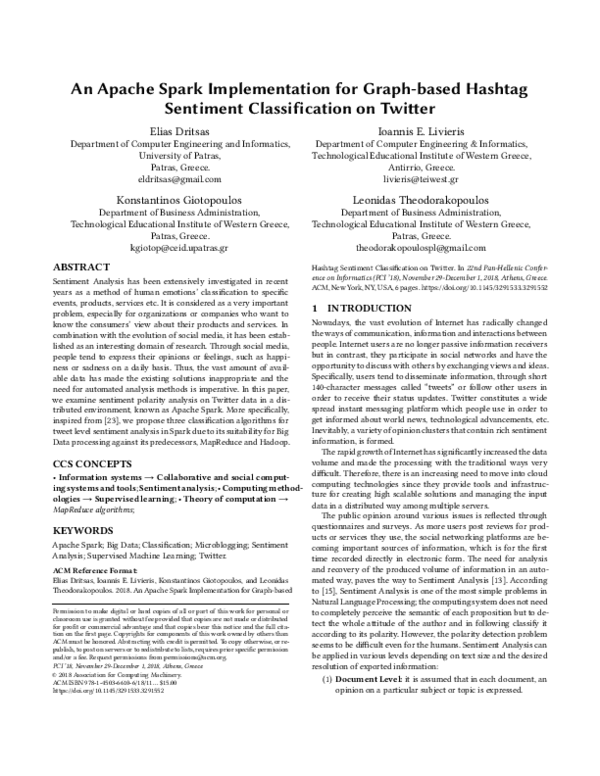 (PDF) An Apache Spark Implementation for Graph-based Hashtag Sentiment Classification on Twi er