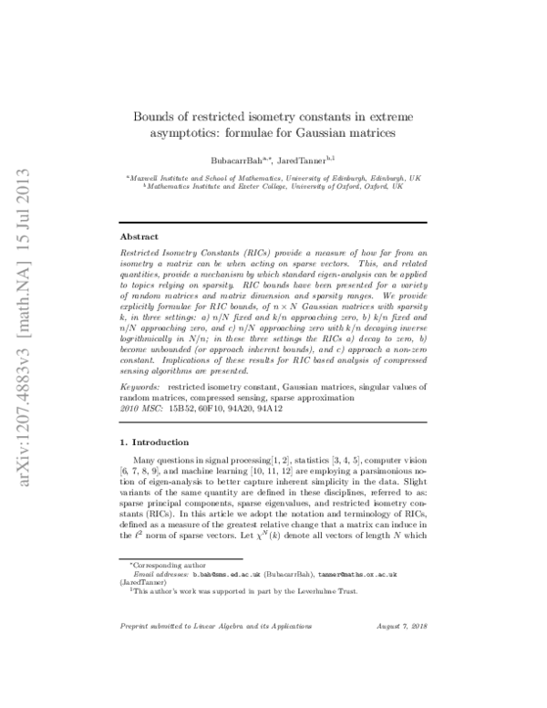 Pdf Bounds Of Restricted Isometry Constants In Extreme Asymptotics Formulae For Gaussian Matrices