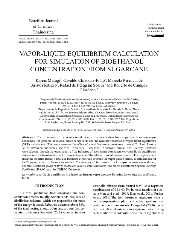 (PDF) Vapor-Liquid Equilibrium Calculation for Simulation of Bioethanol Concentration from Sugarcane