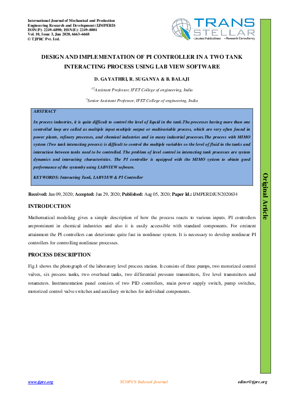 Pdf Design And Implementation Of Pi Controller In A Two Tank Interacting Process Using Lab 