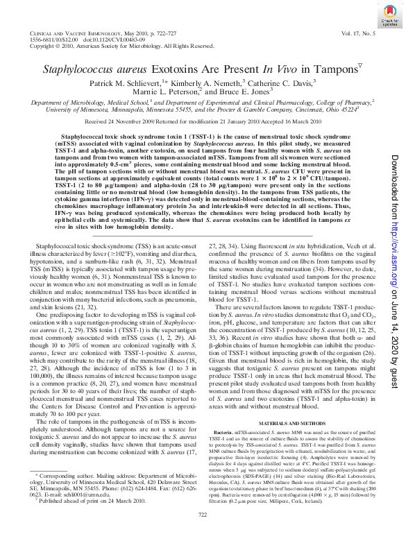 (PDF) Staphylococcus aureus Exotoxins Are Present In Vivo in Tampons