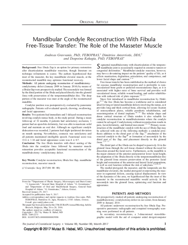 (PDF) Mandibular Condyle Reconstruction With Fibula Free-Tissue Transfer