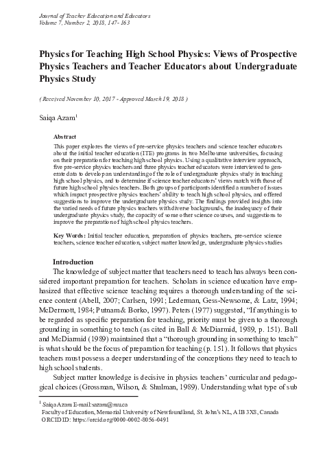 (PDF) Physics for Teaching High School Physics: Views of Prospective ...