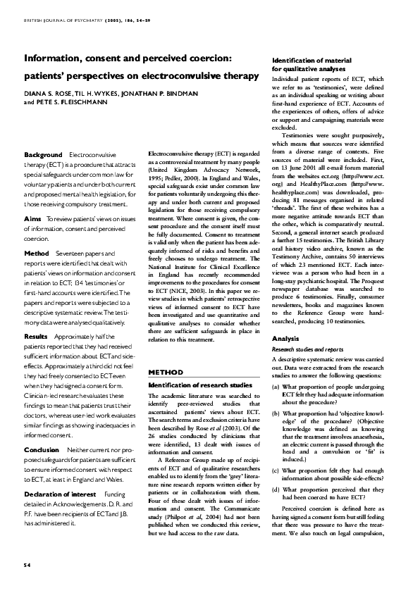 (PDF) Information, consent and perceived coercion: patients' perspectives on electroconvulsive ...