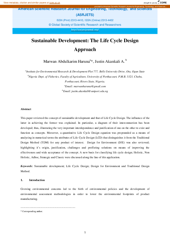 (PDF) Sustainable Development: The Life Cycle Design