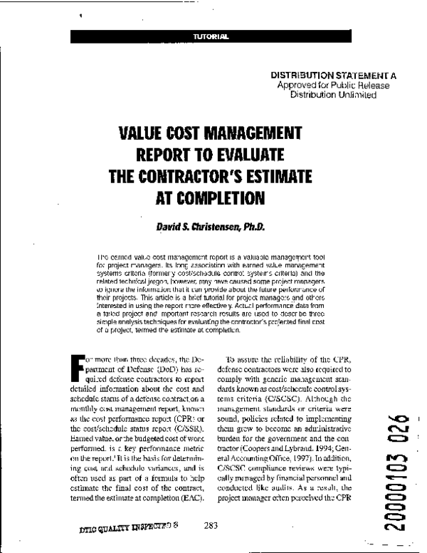 (PDF) Value Cost Management Report to Evaluate the Contractor's ...