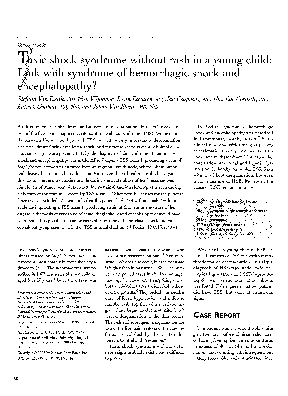 (PDF) Toxic shock syndrome without rash in a young child: Link with ...