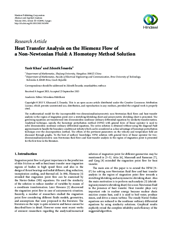 (PDF) Heat Transfer Analysis on the Hiemenz Flow of a Non-Newtonian Fluid: A Homotopy Method ...