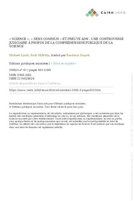 (PDF) « Science », « sens commun » et preuve ADN : une controverse ...