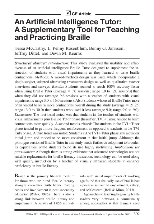 (PDF) An Artificial Intelligence Tutor: A Supplementary Tool for Teaching and Practicing Braille