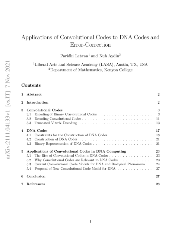 (PDF) Applications of Convolutional Codes to DNA Codes and Error-Correction | Nuh Aydin ...