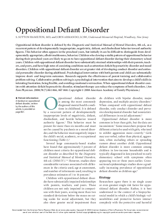 (PDF) Oppositional defiant disorder