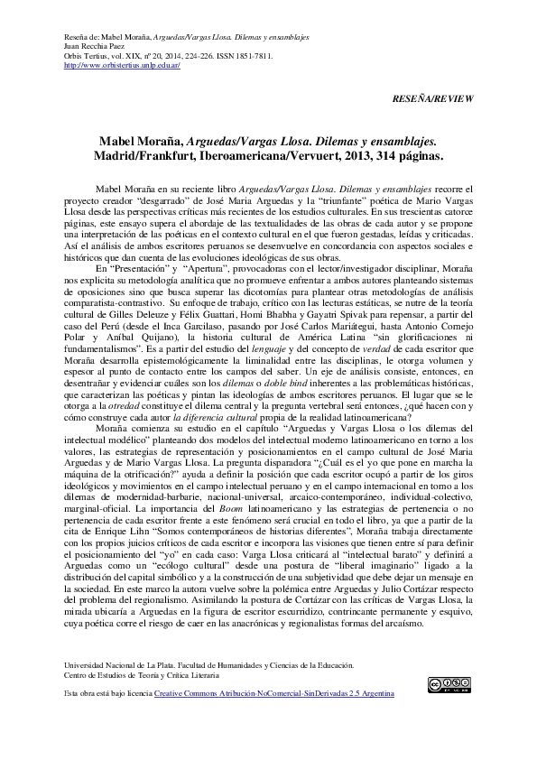 (PDF) Mabel Moraña, Arguedas/Vargas Llosa. Dilemas y ensamblajes