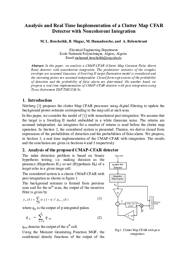 Pdf Analysis And Real Time Implementation Of A Clutter Map Cfar Detector With Noncoherent