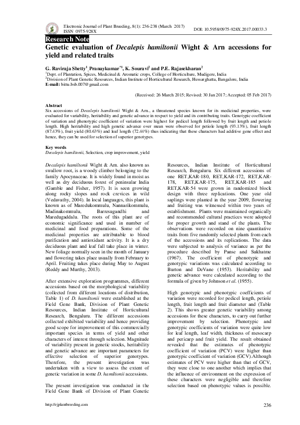 (PDF) Genetic evaluation of Decalepis hamiltonii Wight Arn accessions ...