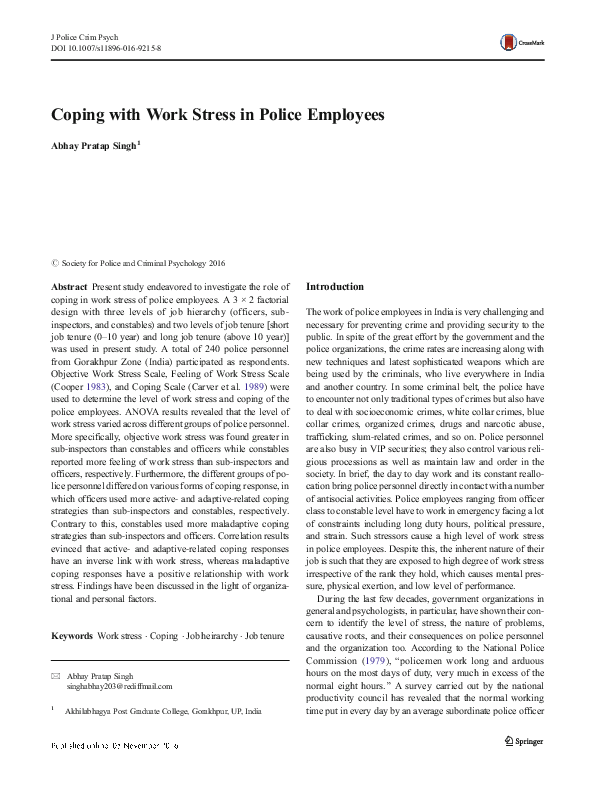 (PDF) Coping with Work Stress in Police Employees