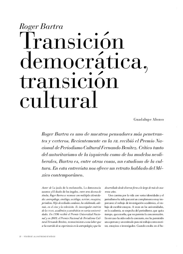 (PDF) Roger Bartra. Transición democrática, transición cultural