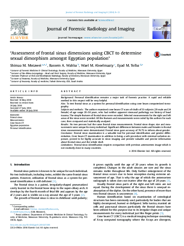 (PDF) “Assessment of frontal sinus dimensions using CBCT to determine ...