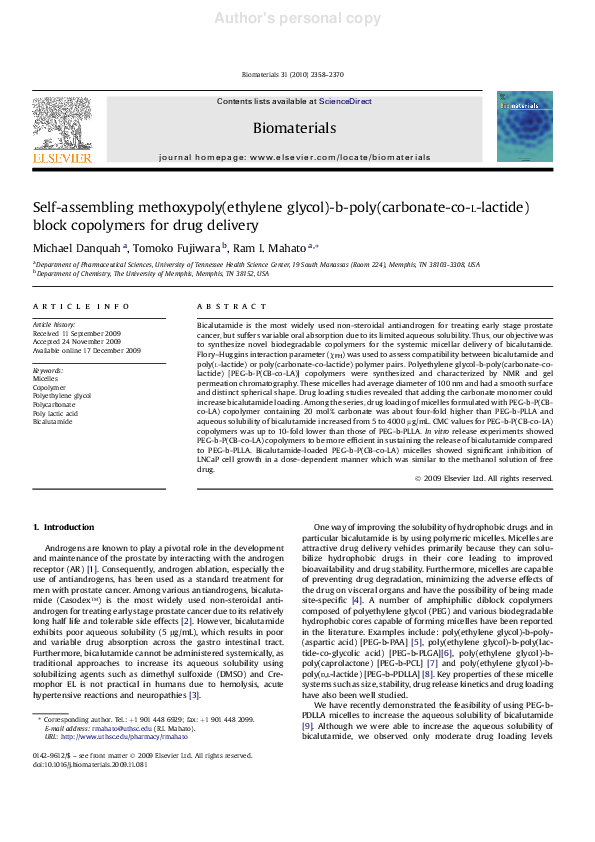 (PDF) Self-assembling methoxypoly(ethylene glycol)-b-poly(carbonate-co-l-lactide) block ...
