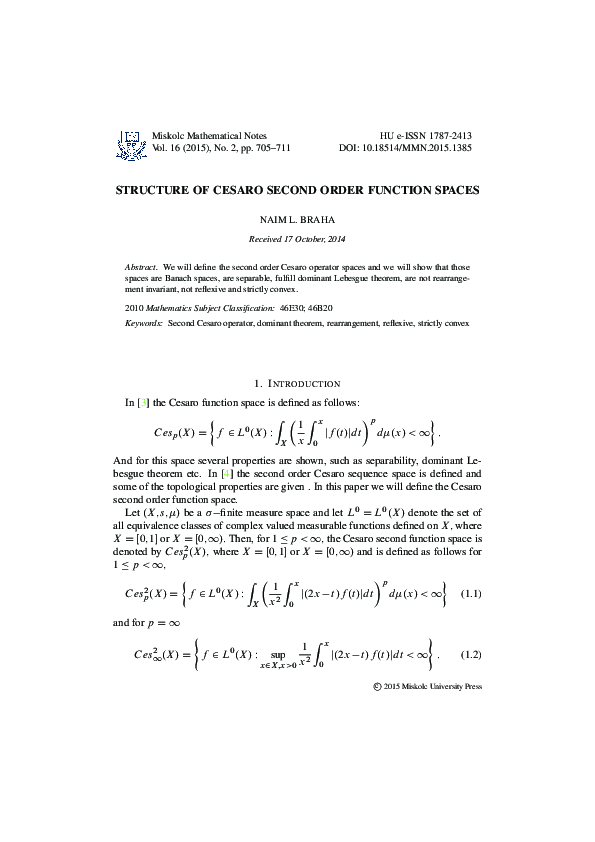 (PDF) Structure of Cesaro second order function spaces | Naim Braha - Academia.edu