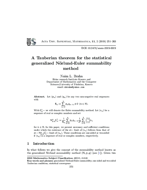 Pdf A Tauberian Theorem For The Statistical Generalized Nörlund Euler Summability Method