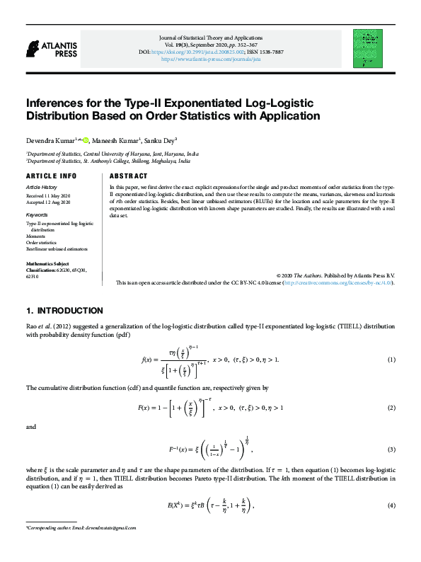 Pdf Inferences For The Type Ii Exponentiated Log Logistic Distribution Based On Order