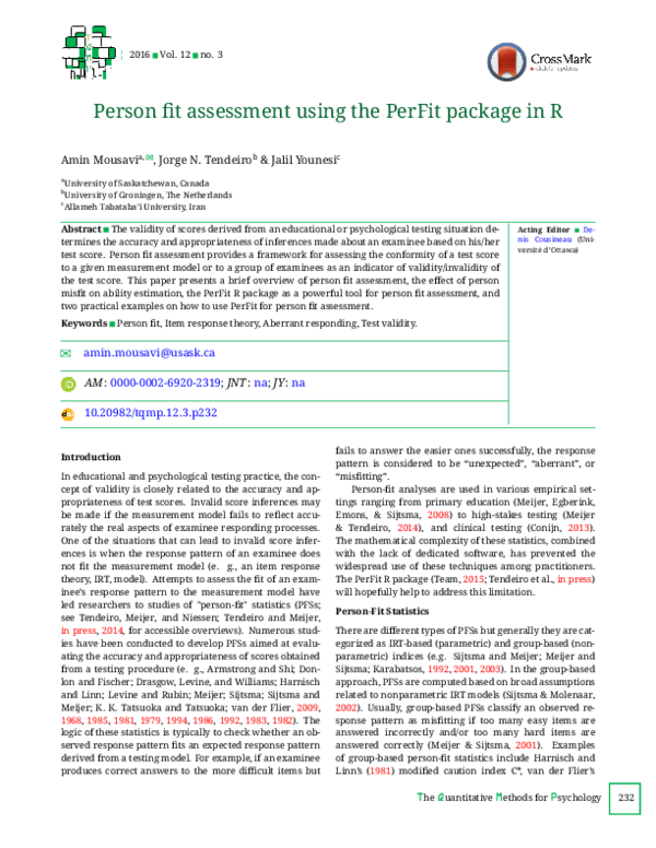 (PDF) Person fit assessment using the PerFit package in R