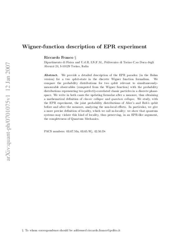 (PDF) Wigner-function description of EPR experiment | Riccardo Franco - Academia.edu
