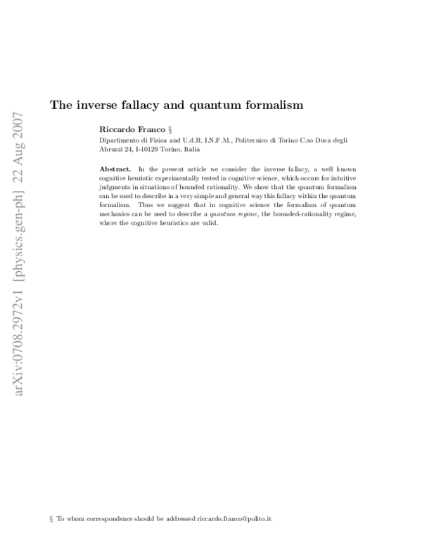 (PDF) The inverse fallacy and quantum formalism