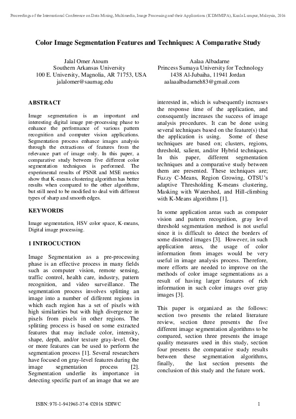 (PDF) Color Image Segmentation Features and Techniques: A Comparative Study