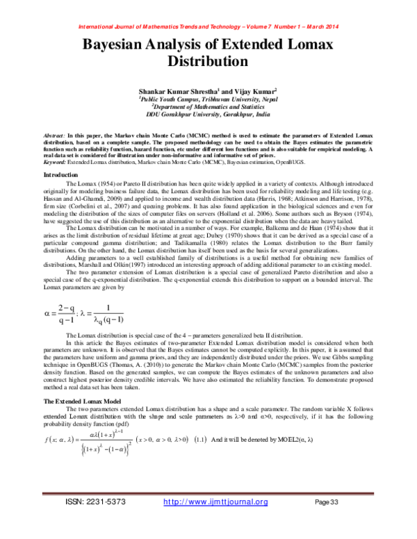 (PDF) Bayesian Analysis of Extended Lomax Distribution