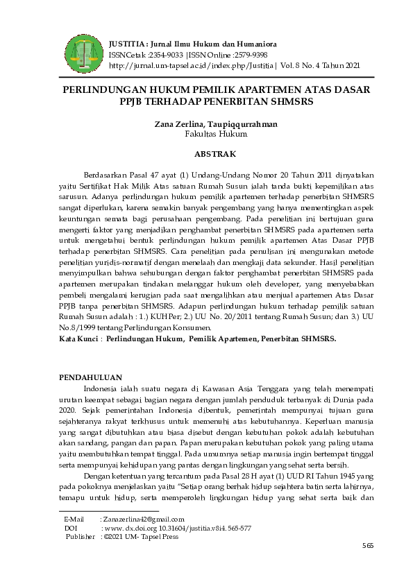 (PDF) Perlindungan Hukum Pemilik Apartemen Atas Dasar PPJB Terhadap ...