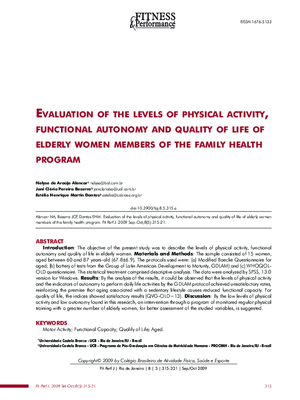 (PDF) Evaluation of the levels of physical activity, functional ...