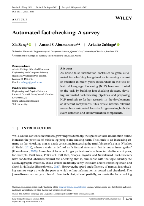 (PDF) Automated Fact-Checking: A Survey