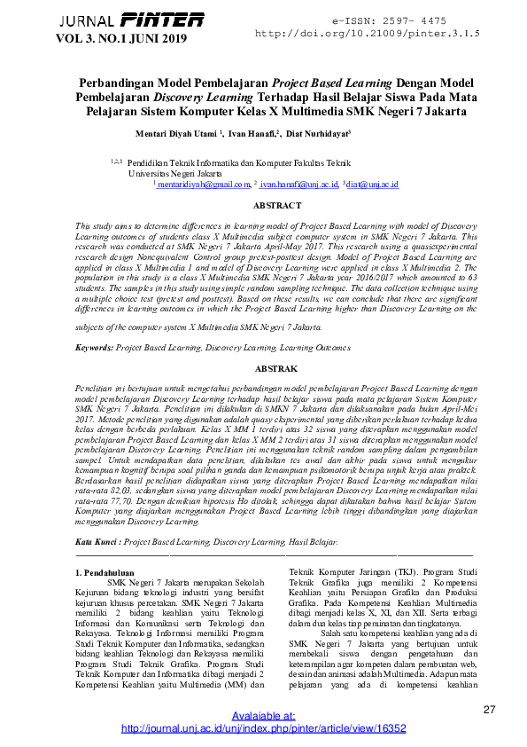 (PDF) Perbandingan Model Pembelajaran Project Based Learning Dengan Model Pembelajaran Discovery ...