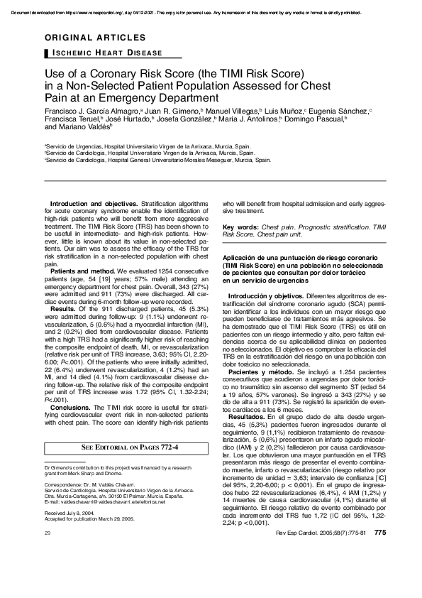 (PDF) Use of a Coronary Risk Score (the TIM I Risk Score) in a Non ...