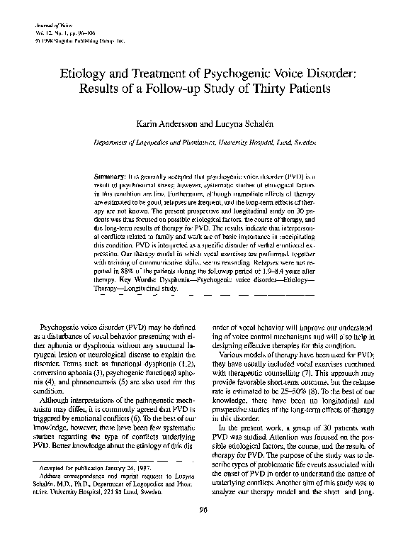 (PDF) Etiology and treatment of psychogenic voice disorder:Results of a ...
