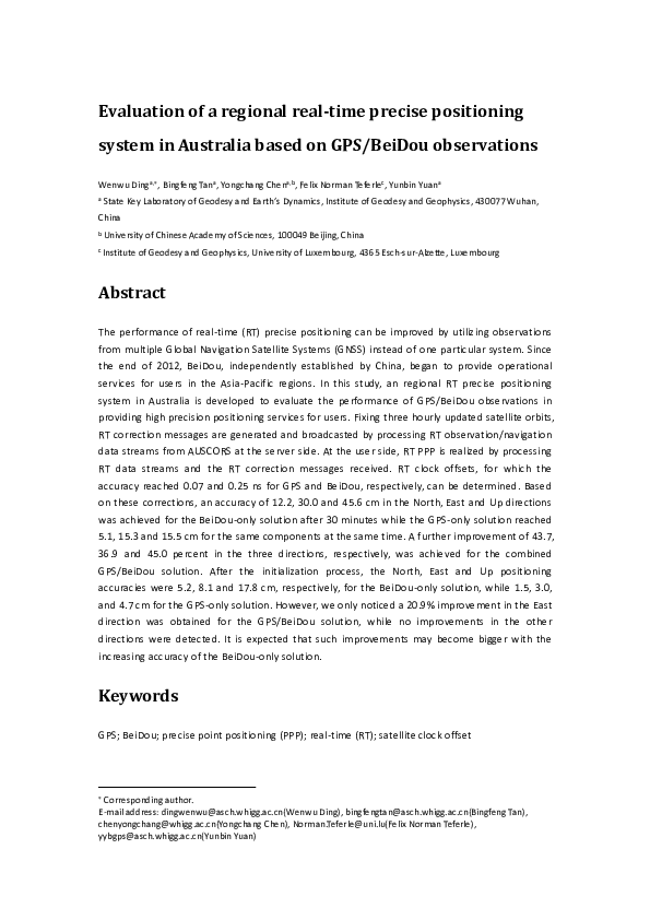(PDF) Evaluation of a regional real-time precise positioning system based on GPS/BeiDou ...