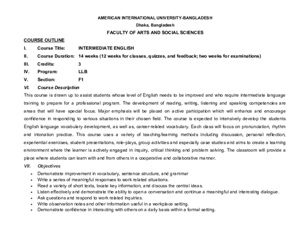 (DOC) INTERMEDIATE ENGLISH COURSE OUTLINE