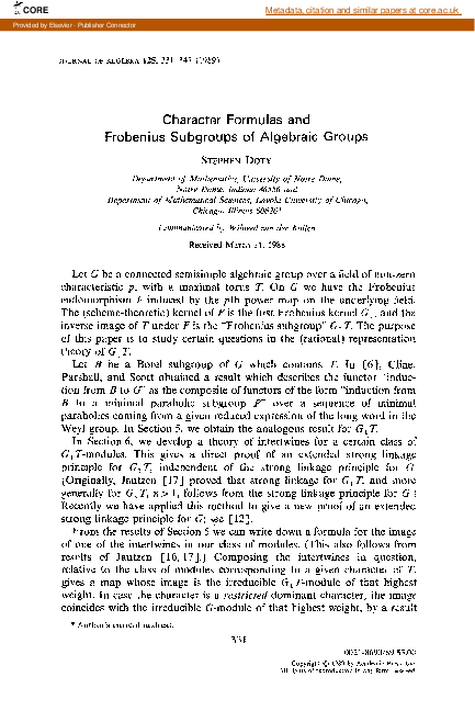 (PDF) Character formulas and Frobenius subgroups of algebraic groups