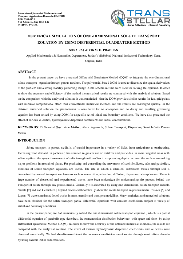 Pdf Numerical Simulation Of One Dimensional Solute Transport Equation By Using Differential