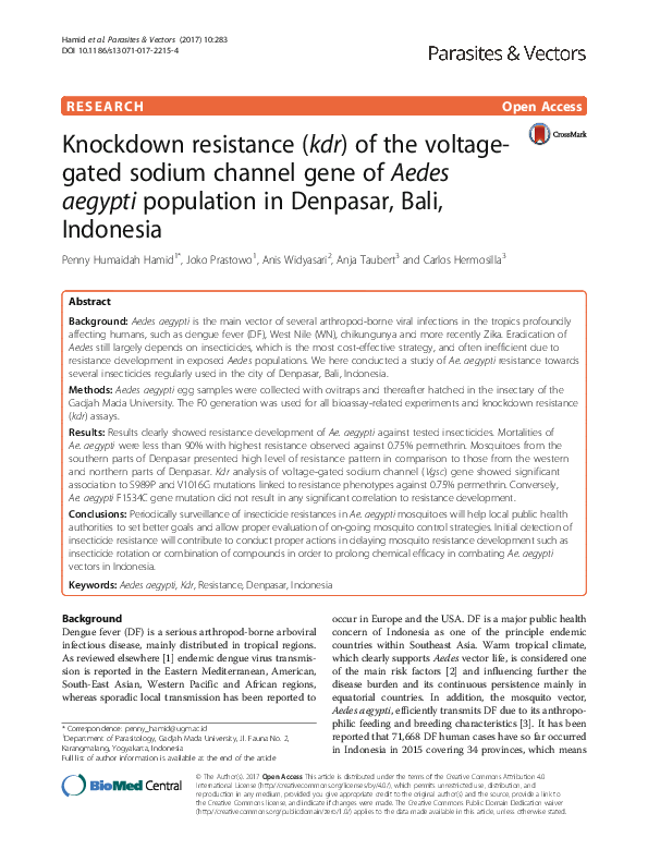 (PDF) Knockdown resistance (kdr) of the voltage-gated sodium channel gene of Aedes aegypti ...