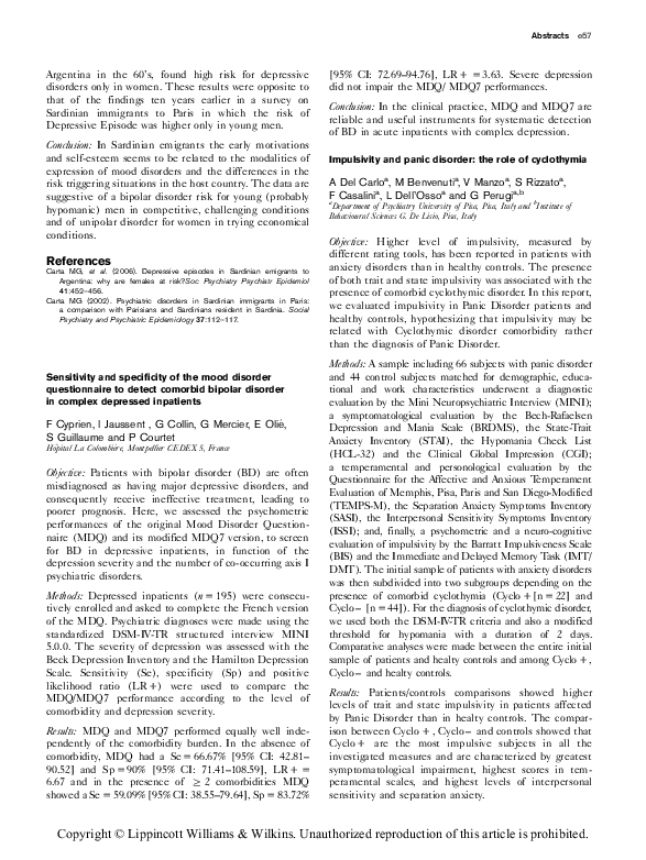 (PDF) Sensitivity and specificity of the mood disorder questionnaire to ...