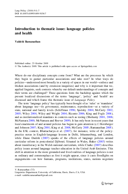 (PDF) Introduction to thematic issue: language policies and health