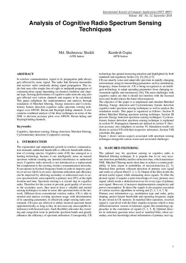 Pdf Analysis Of Cognitive Radio Spectrum Sensing Techniques