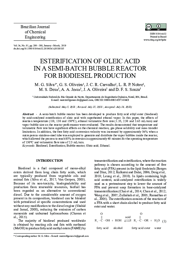 (PDF) Esterification of Oleic Acid in a Semi-Batch Bubble Reactor for ...