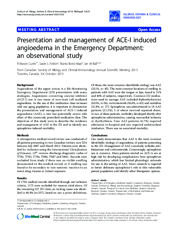 (PDF) Presentation and management of ACE-I induced angioedema in the ...