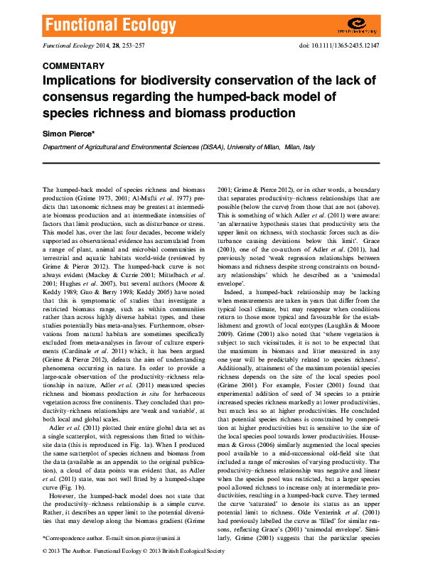 (PDF) Implications for biodiversity conservation of the lack of consensus regarding the humped ...
