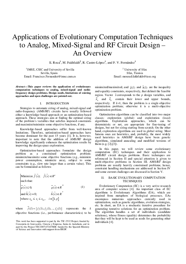 Pdf Applications Of Evolutionary Computation Techniques To Analog Mixed Signal And Rf Circuit